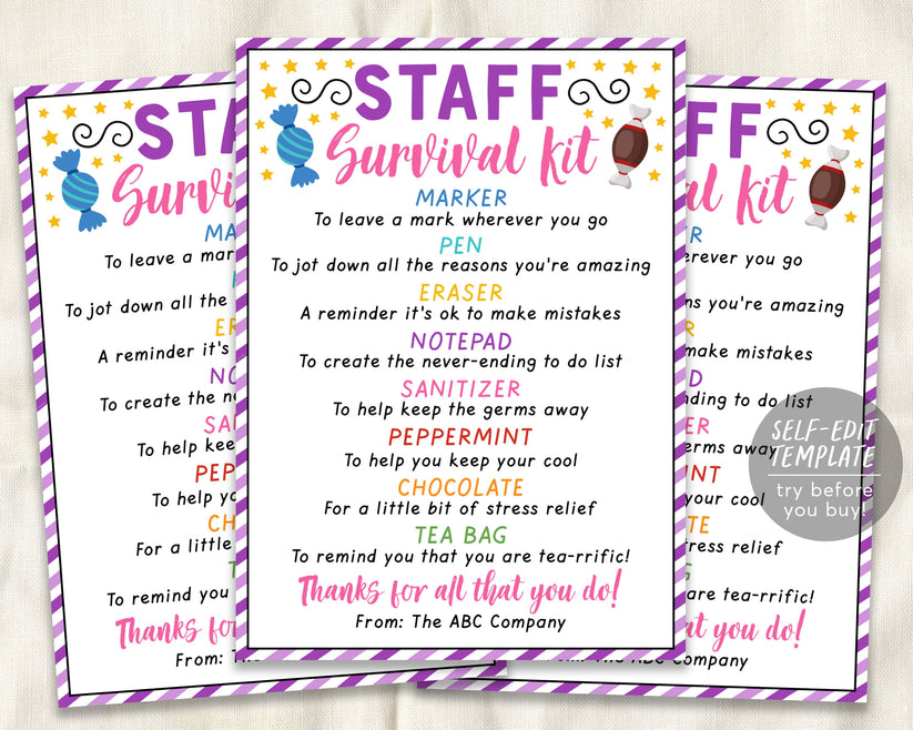 Staff Survival Kit Tag Editable Template, Employee Appreciation Week ...