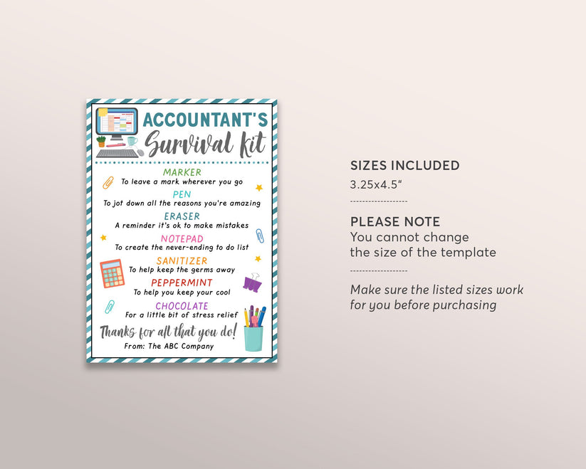 Accountant Survival Kit Gift Tags Editable Template, CPA Accounting Ap ...