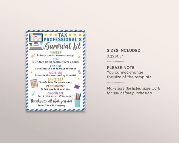 Tax Professional Survival Kit Gift Tags Editable Template, Accountant ...