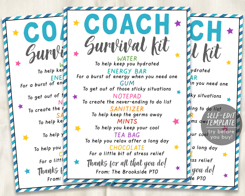 Coach Survival Kit Gift Tags Editable Template, Assistant Coach Gift I ...