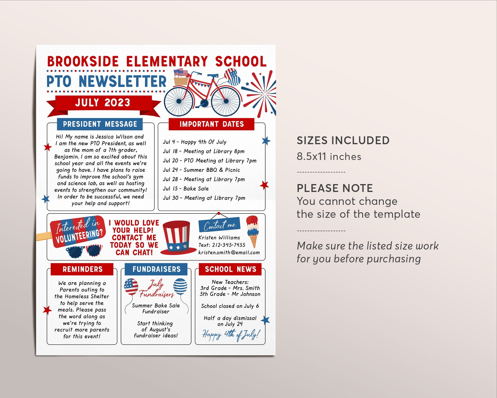 July PTO PTA Newsletter Flyer Editable Template, Summer 4th Of July Fl ...