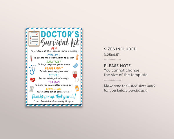 Doctor Survival Kit Gift Tags Editable Template, Doctor Appreciation N ...