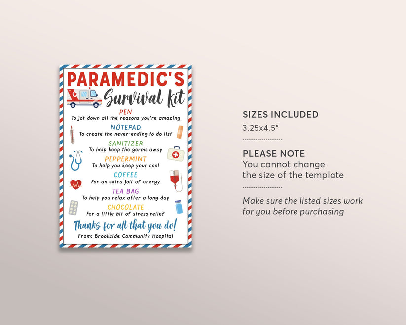 Paramedic Survival Kit Gift Tags Editable Template, First Responder Ap ...