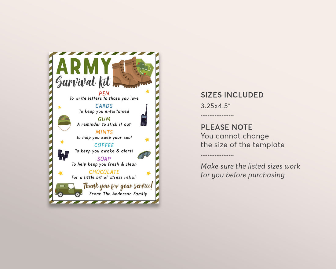 Army Survival Kit Gift Tags Editable Template, Soldier Boot Camp Army ...