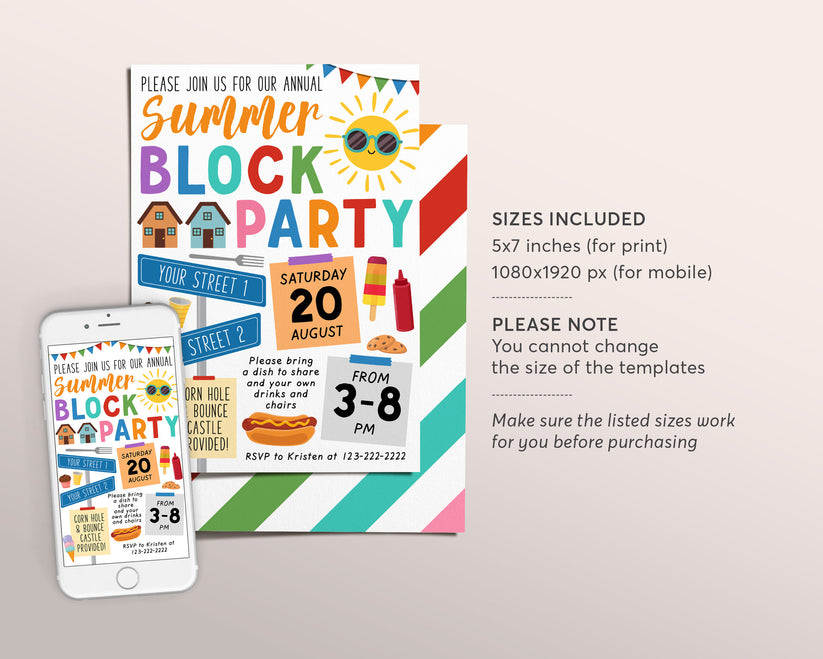 Block Party Invitation Editable Template, Summer Street Neighborhood B ...