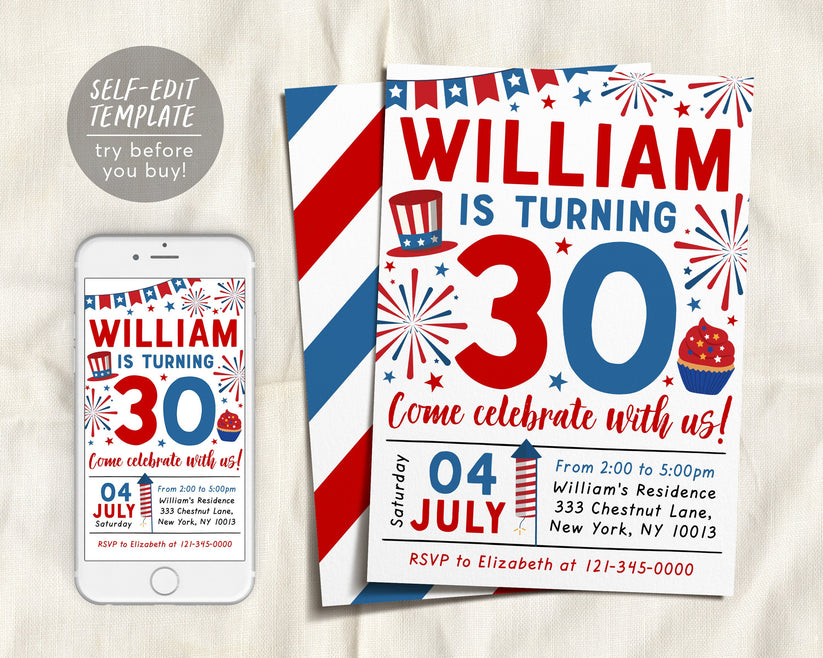 4th of July Birthday Invitation Editable Template, Patriotic 30th Birt ...