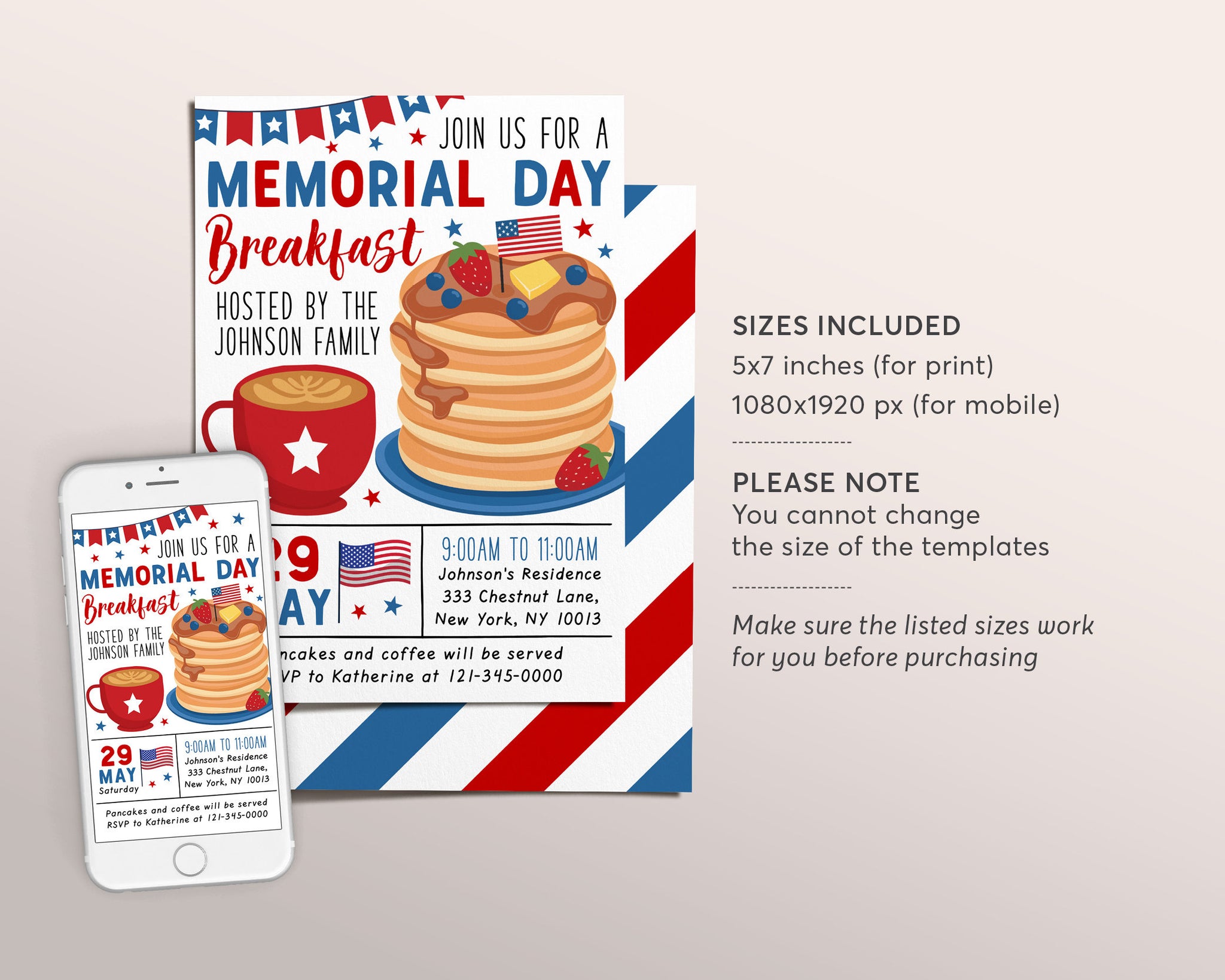 Memorial Day Breakfast Invitation Editable Template, Patriotic Memoria ...