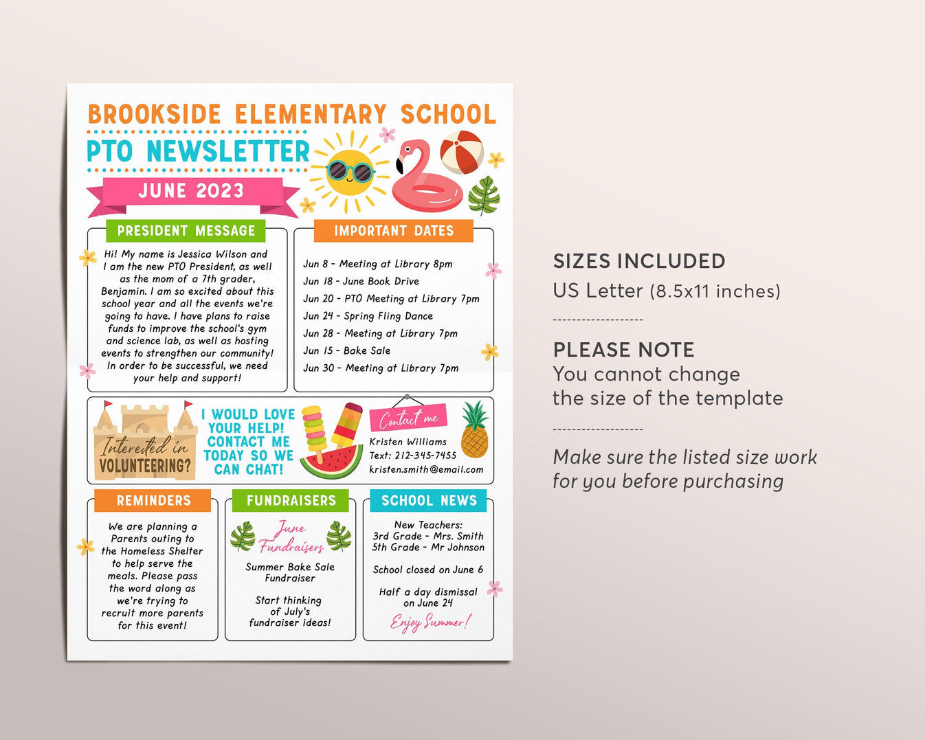 June PTO PTA Newsletter Flyer Editable Template, Summer Beach Flyer Me ...