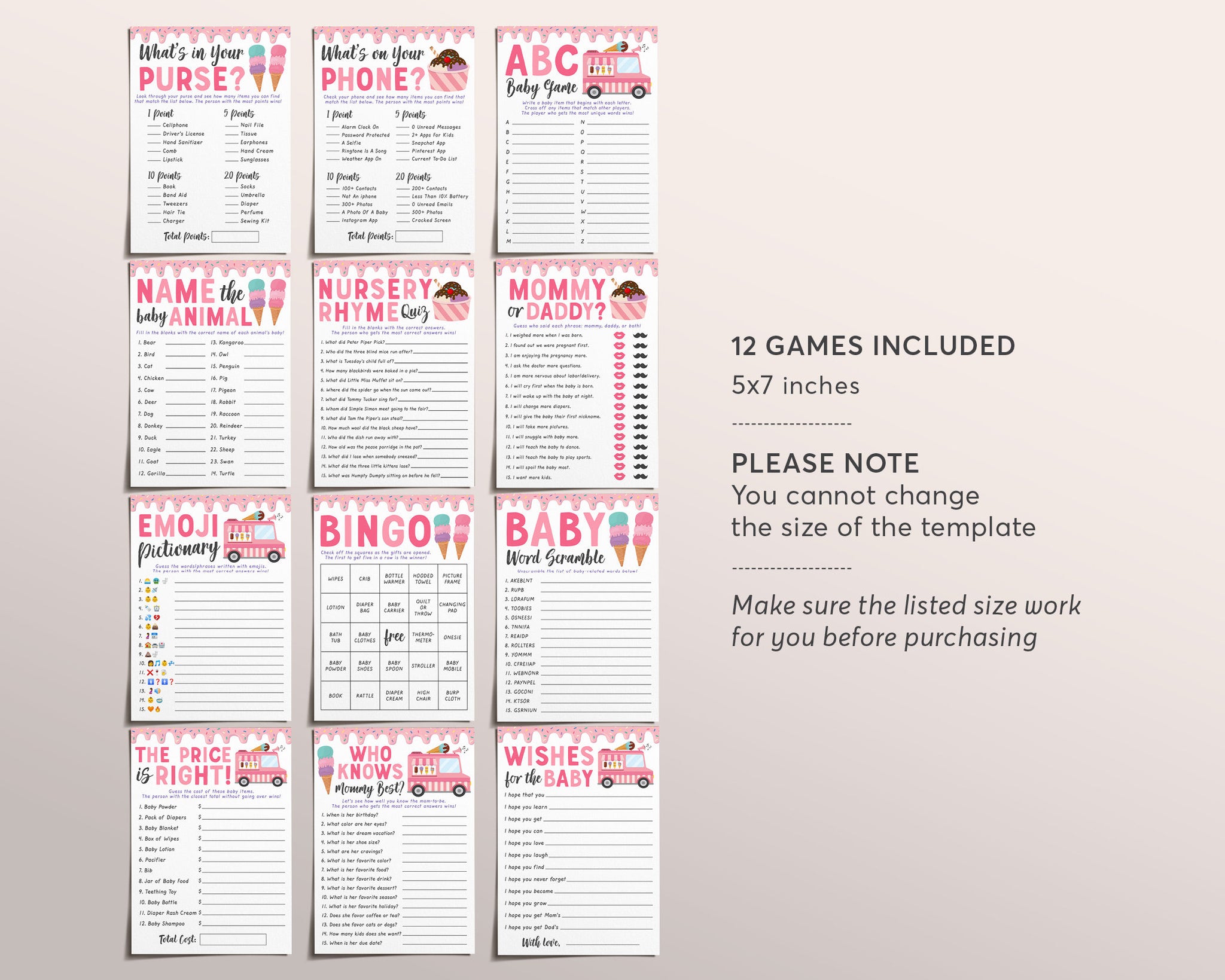 Ice Cream Baby Shower Games Bundle Editable Template, 12 Games Ice Cre ...