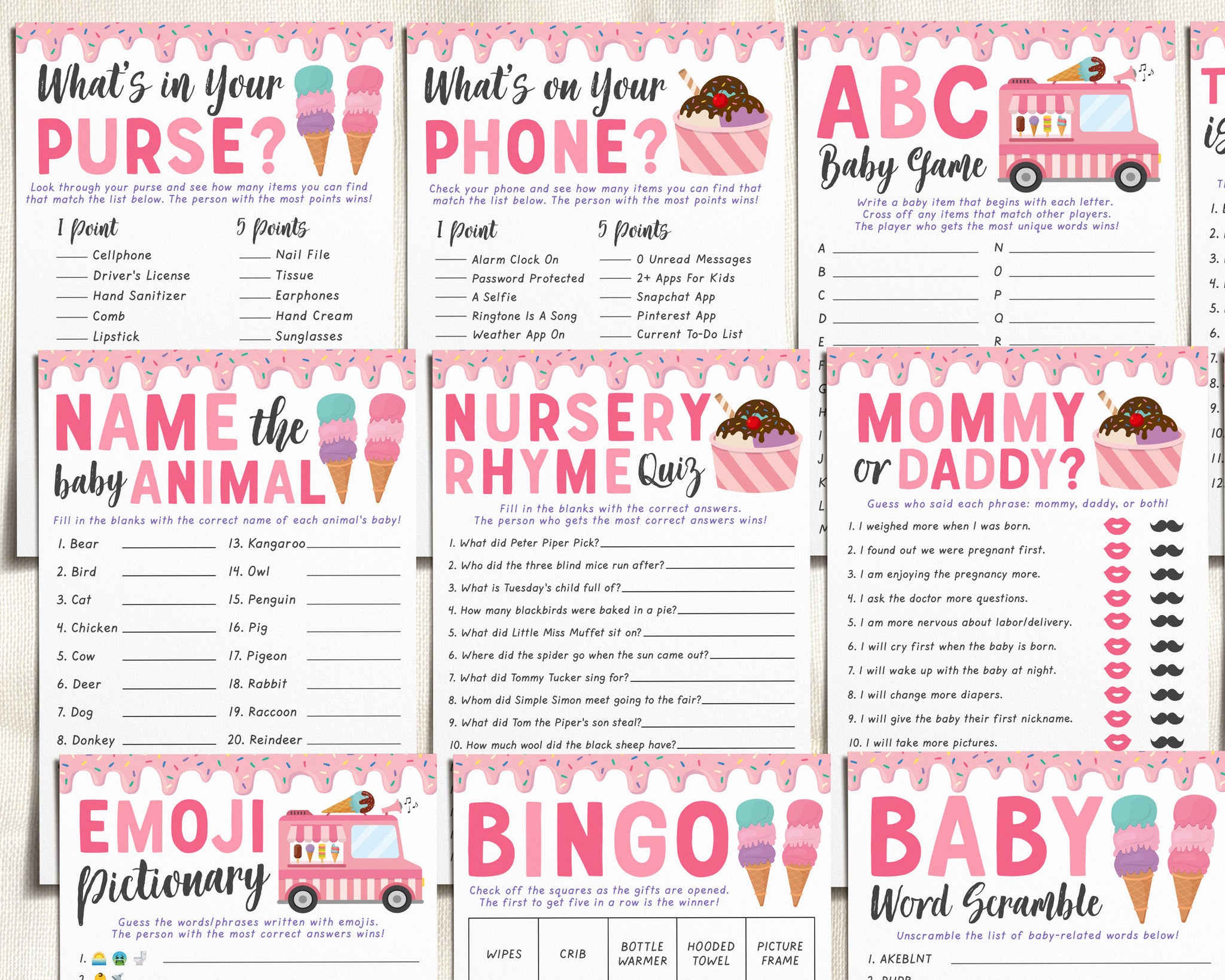 Ice Cream Baby Shower Games Bundle Editable Template, 12 Games Ice Cre ...