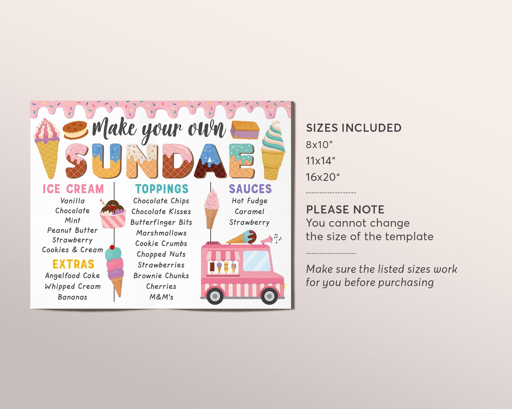 Make Your Own Sundae Menu Sign Editable Template, Ice Cream Girl Birth ...