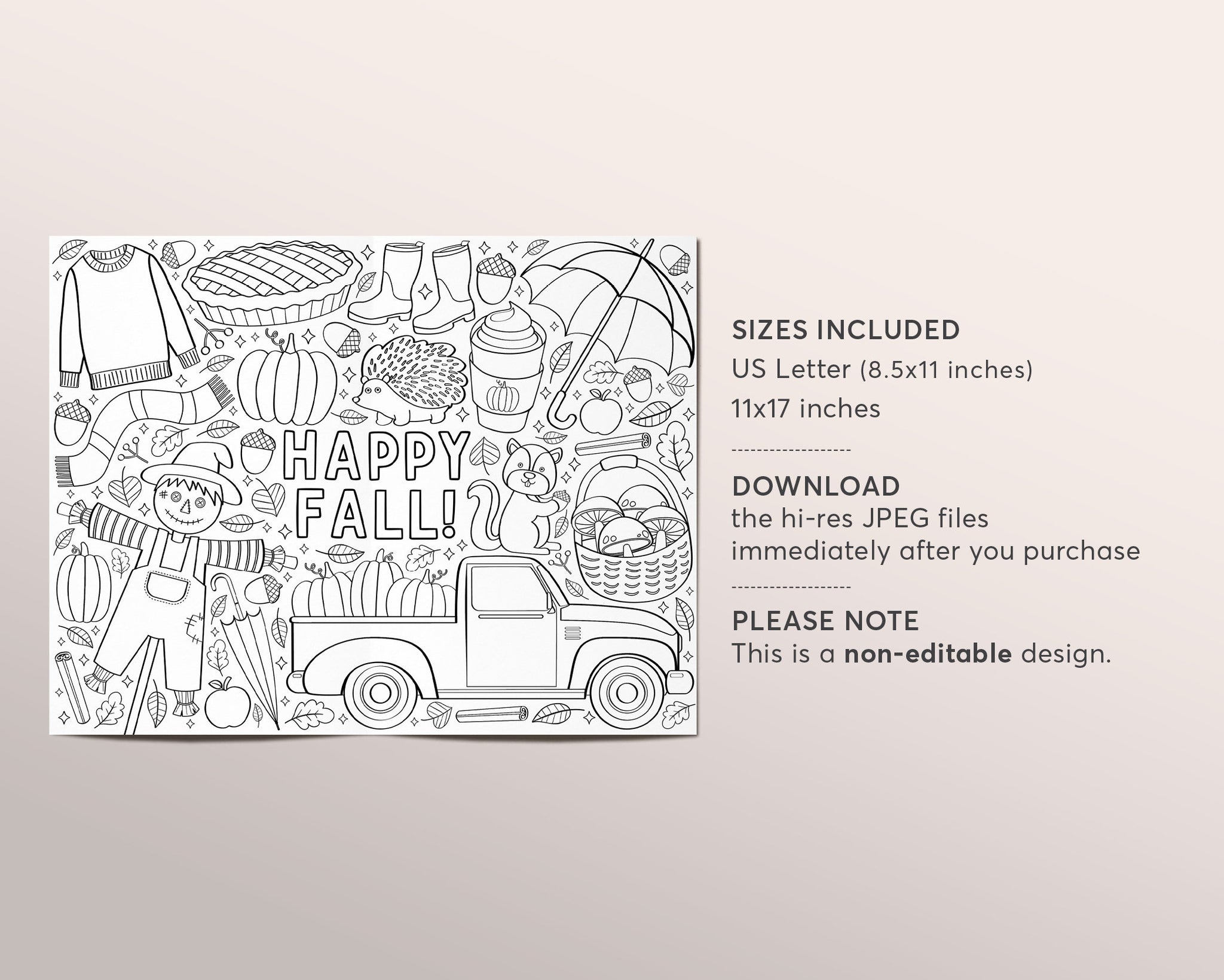 Fall Autumn Coloring Page Placemat For Kids And Adults, Pumpkin Harves ...