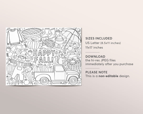 Fall Autumn Coloring Page Placemat For Kids And Adults, Pumpkin Harves ...