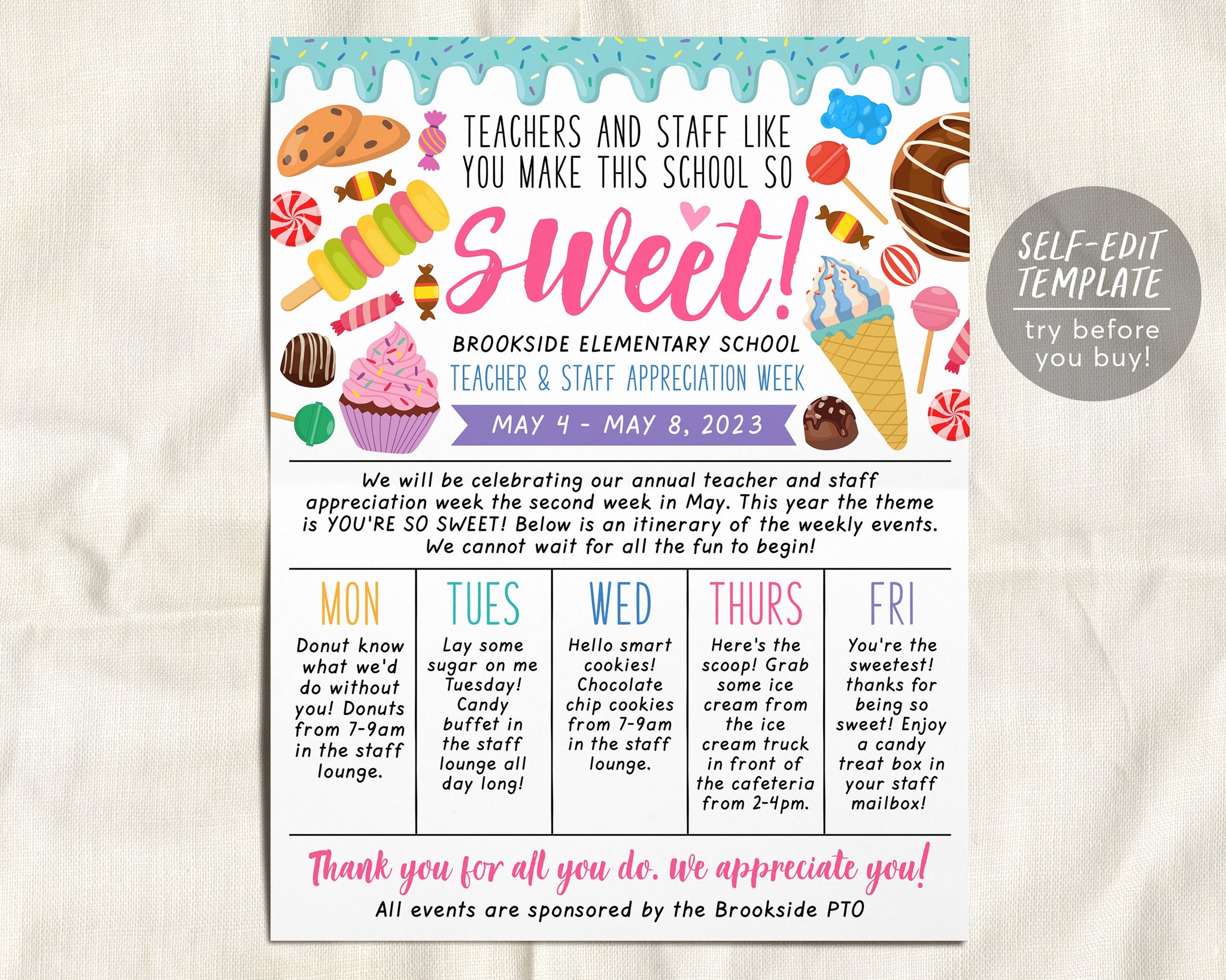 Sweet Candy Theme Teacher Appreciation Week Schedule Editable Template ...