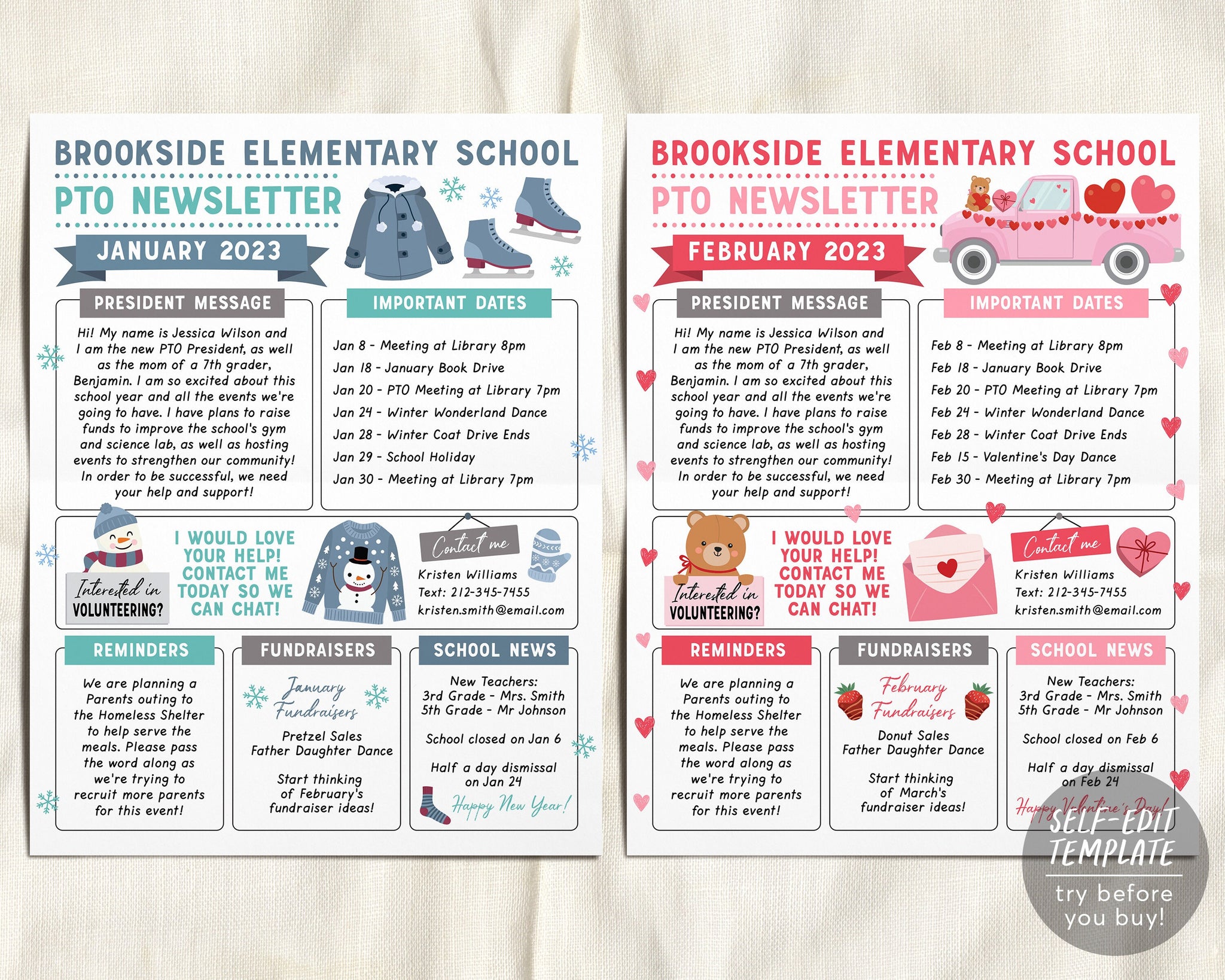 Yearly PTO PTA Newsletter Editable Template BUNDLE Set, Classroom Prin ...