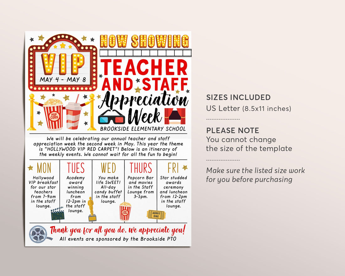 Hollywood Theme Teacher Staff Appreciation Week Itinerary Flyer Editab ...