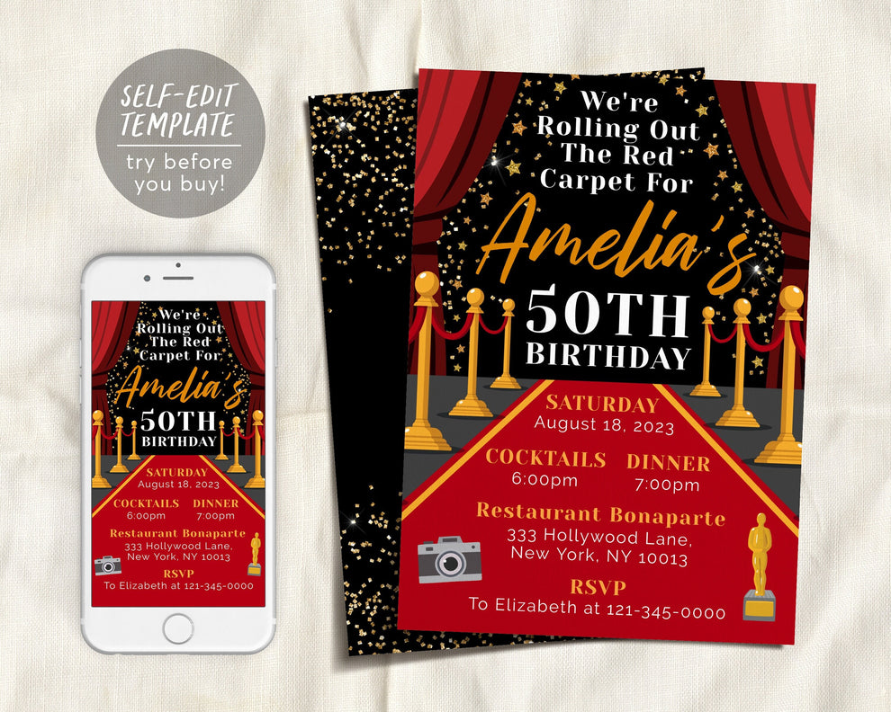 Red Carpet Birthday Invitation Editable Template, Adult VIP Hollywood ...