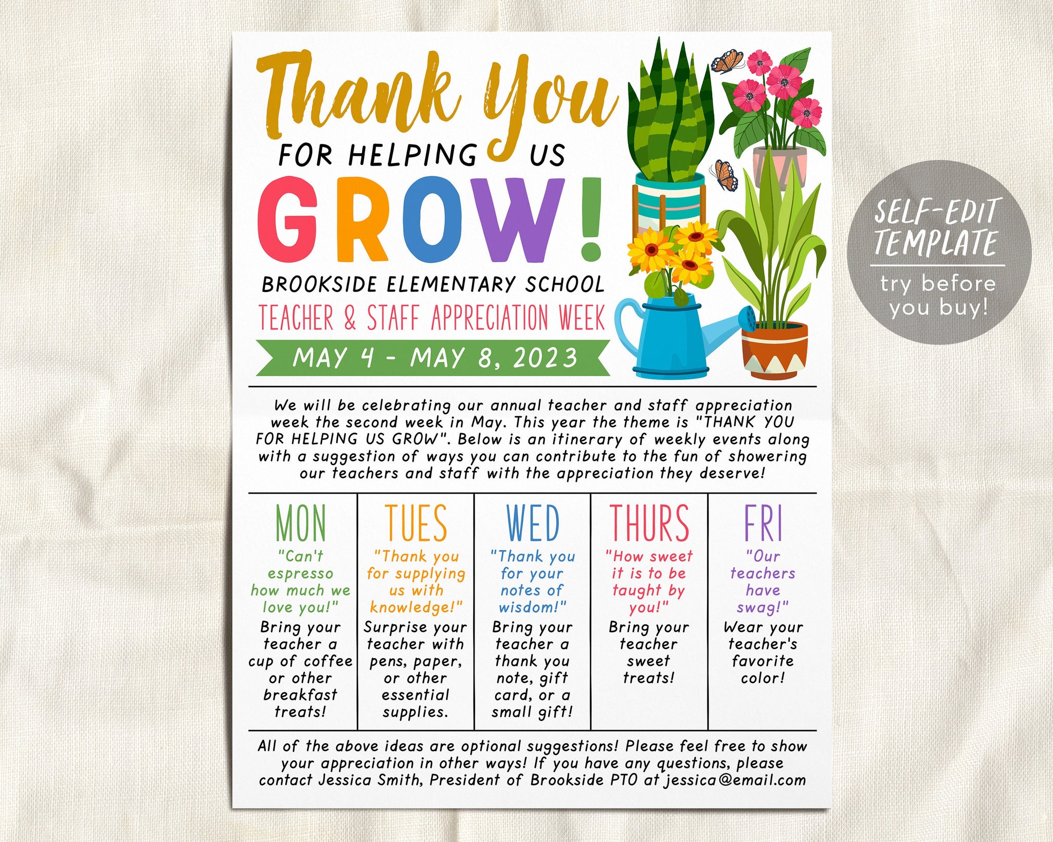 Floral Bloom Theme Parent Letter Teacher Staff Appreciation Week Edita ...