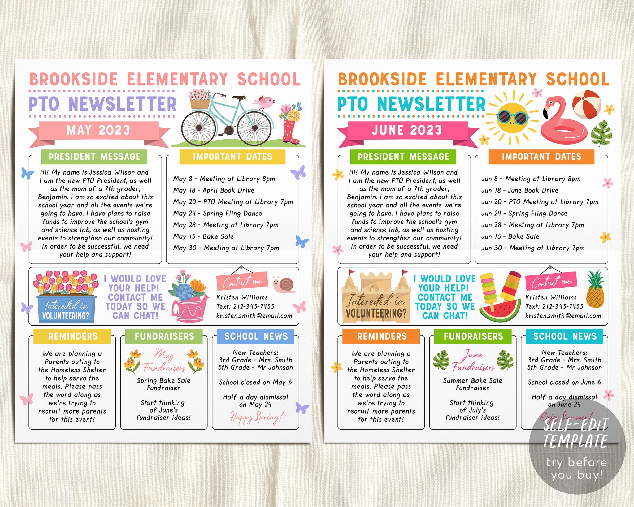 Yearly PTO PTA Newsletter Editable Template BUNDLE Set, Classroom Prin ...
