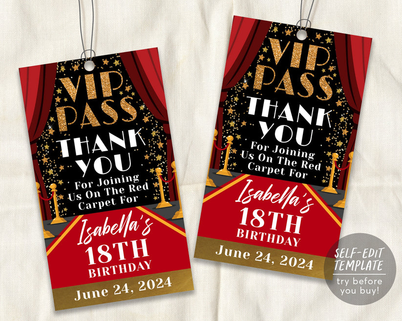VIP Pass Birthday Party Thank You Tags Editable Template, Hollywood Re ...