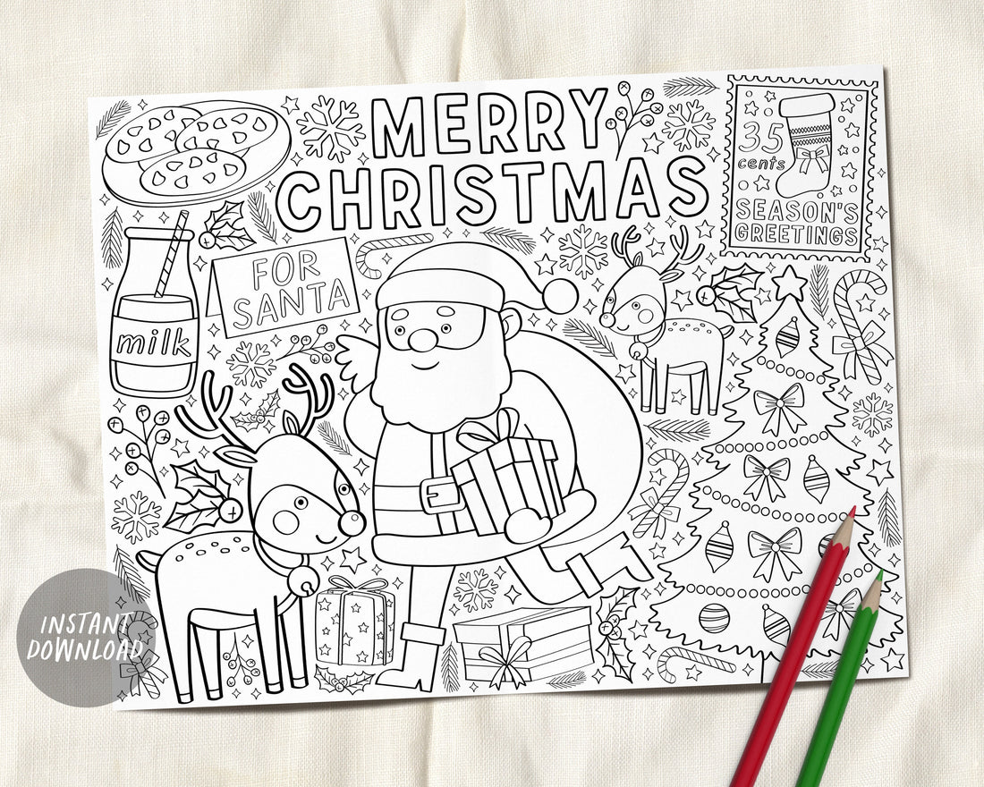 Christmas Coloring Page Placemat For Kids, Santa Craft Activity Party ...