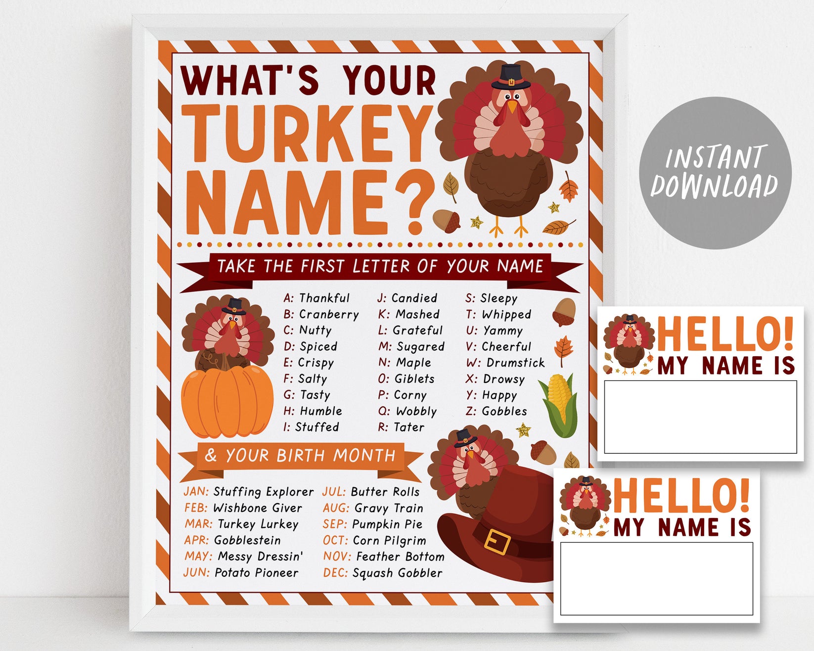 What's Your Turkey Name Game, Thanksgiving Dinner Game Activity With N ...