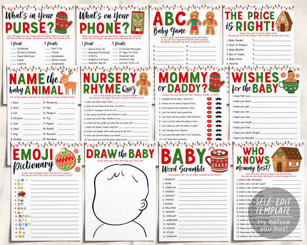 Christmas Baby Shower Games Package Bundle Editable Template, Gingerbr ...