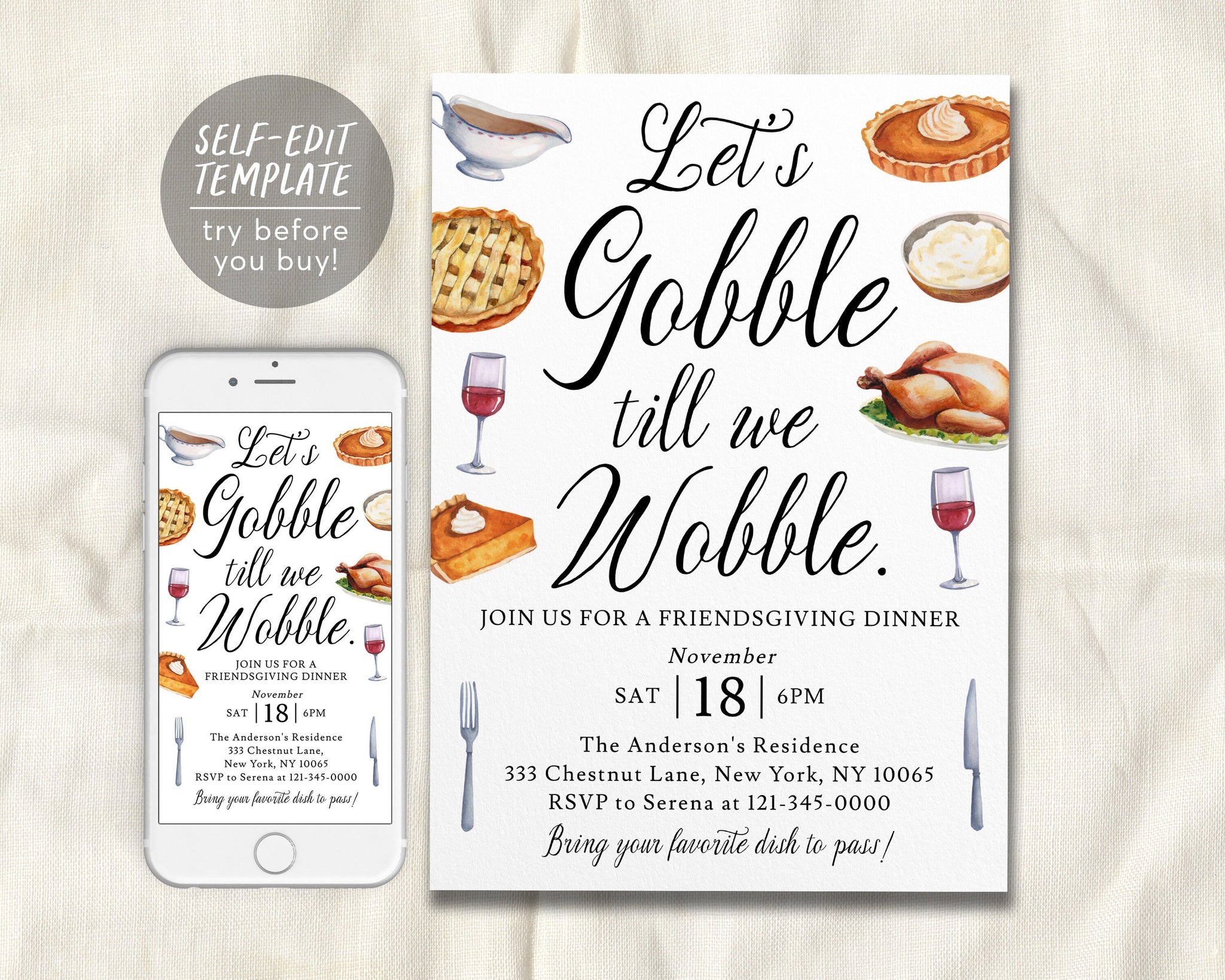 Gobble Till We Wobble Friendsgiving Invitation Editable Template, Funn ...
