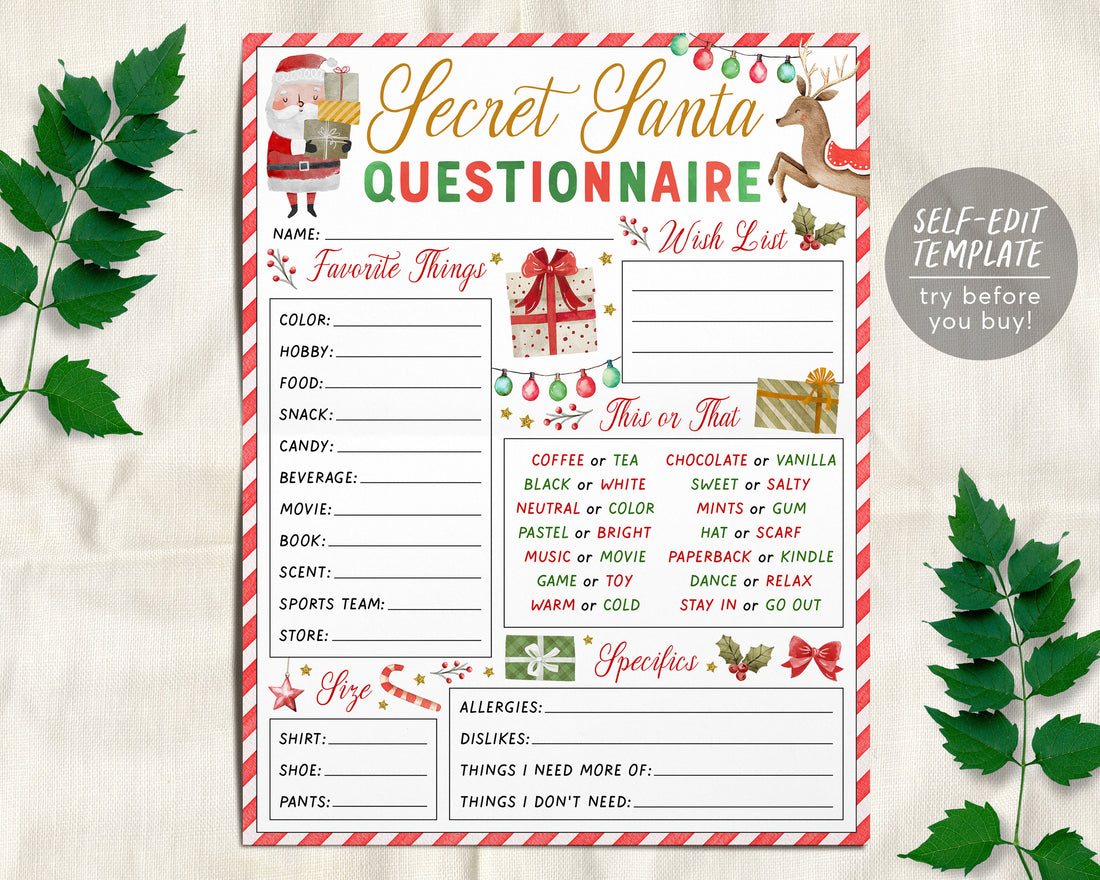 Secret Santa Gift Exchange Questionnaire Editable Template, Holiday Ch ...