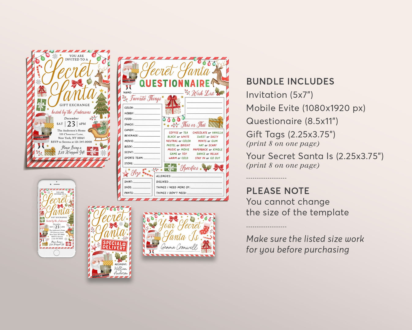 Secret Santa BUNDLE Kit Printable Editable Template, Secret Santa Invi ...