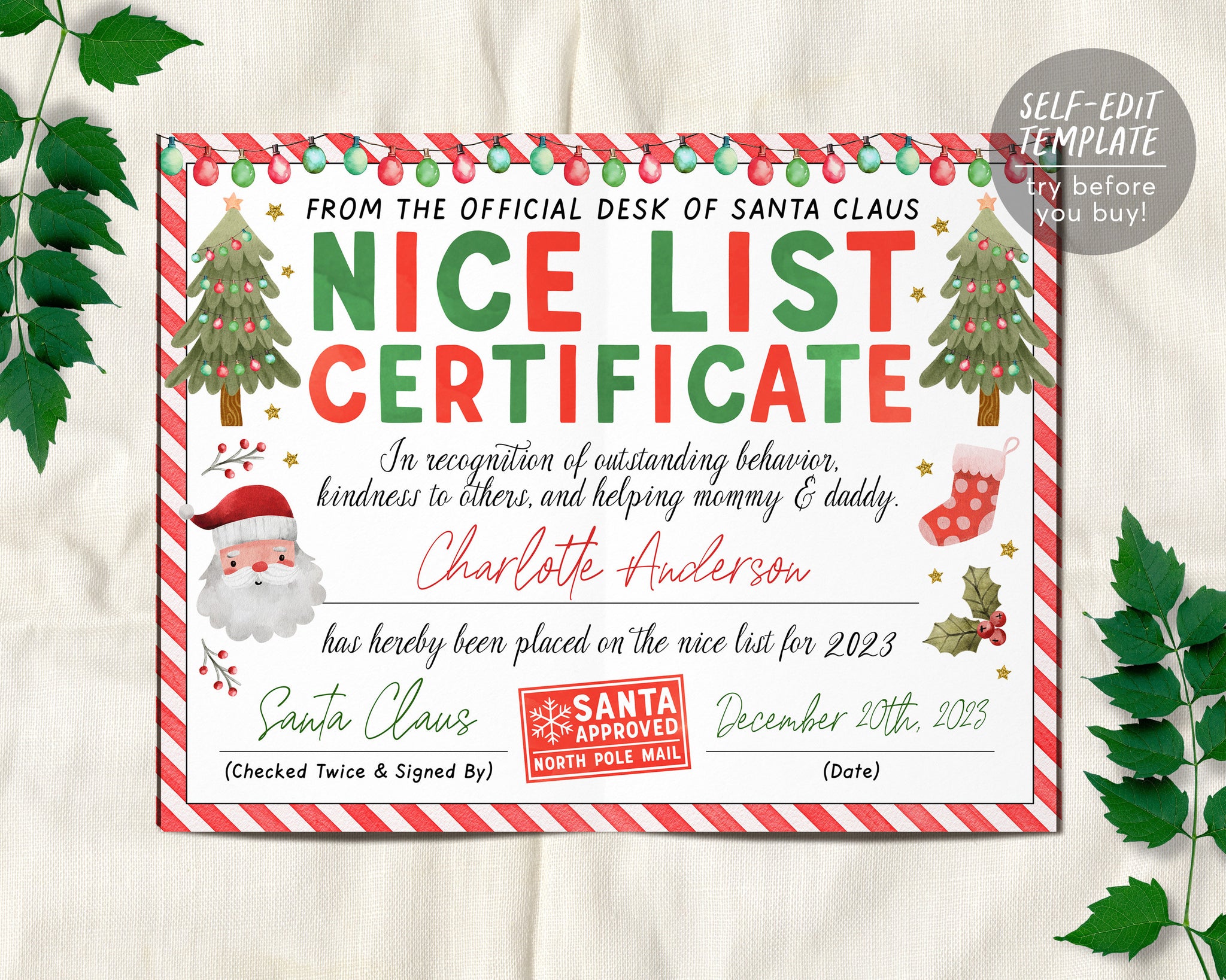 Santas Nice List Certificate Editable Template, Approved Letter from S ...