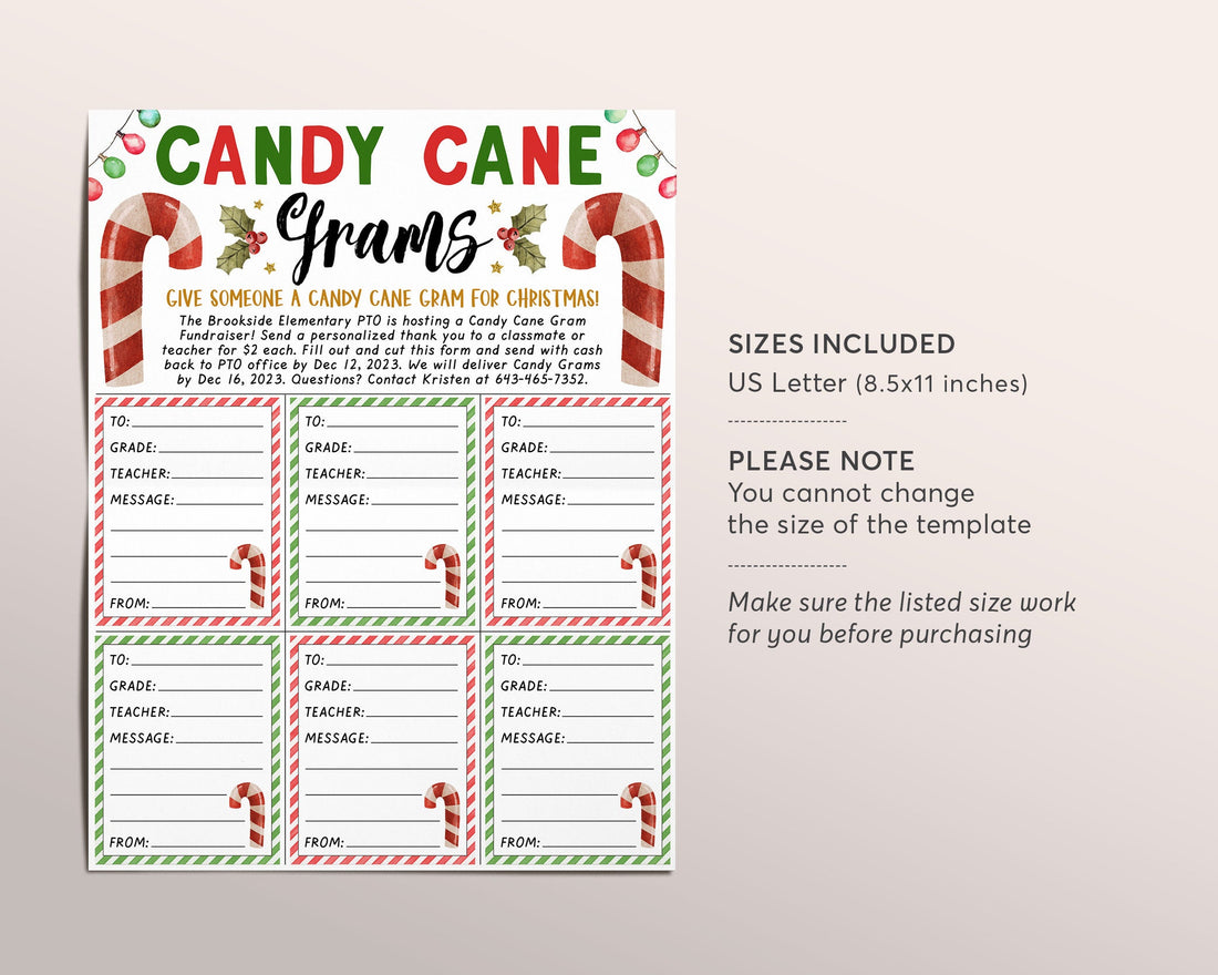 Christmas Candy Cane Gram Flyer Editable Template, Holiday Candy Gram ...