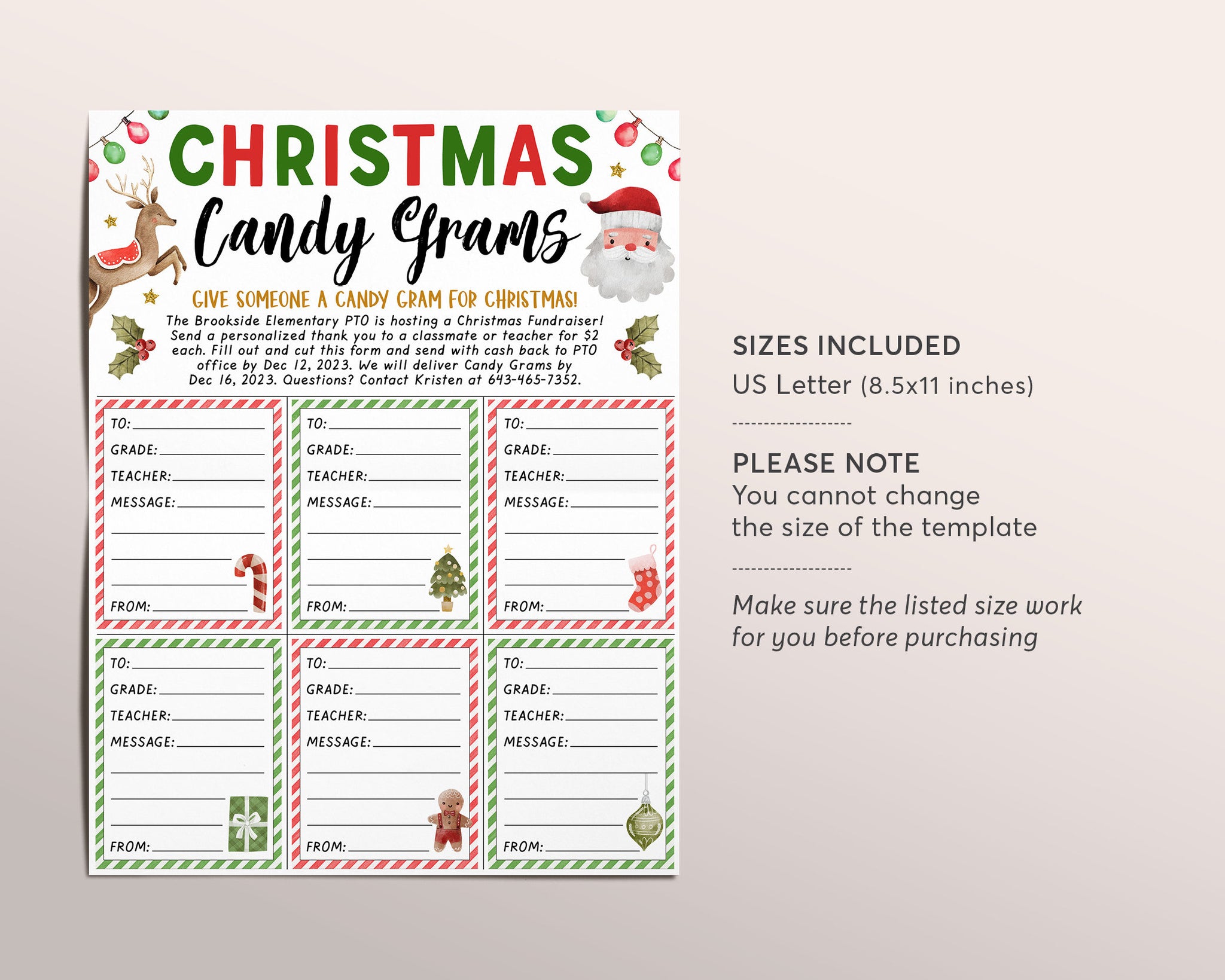 Christmas Candy Gram Flyer Editable Template, Holiday Candy Cane Grams ...