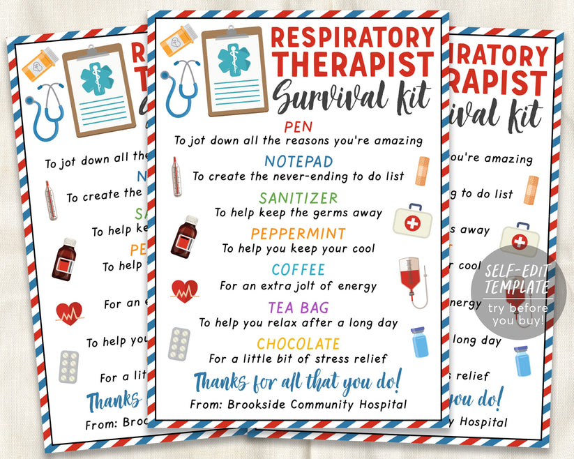 Respiratory Therapist Survival Kit Gift Tags Editable Template, Respir ...