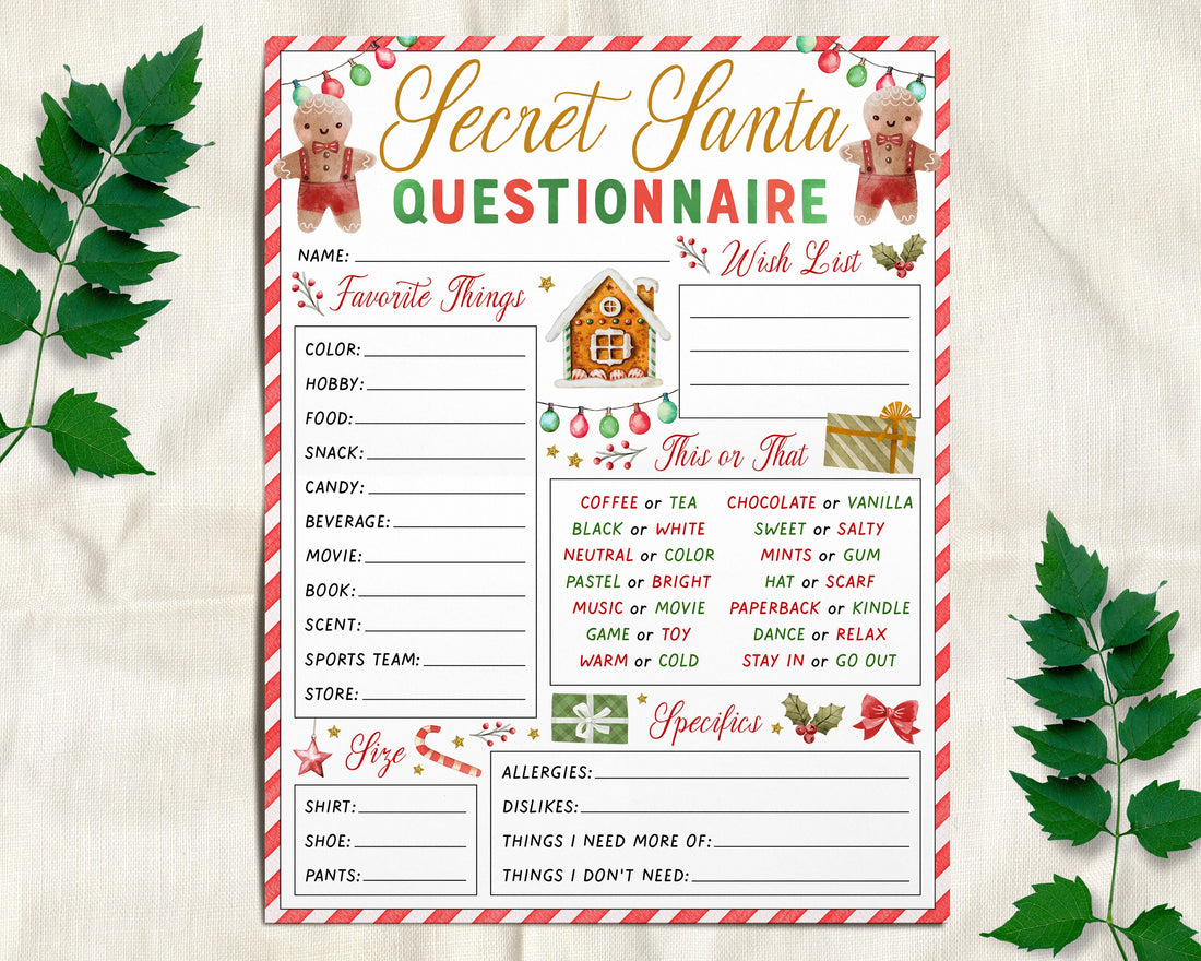 Secret Santa Gift Exchange Questionnaire Editable Template, Holiday Gi ...