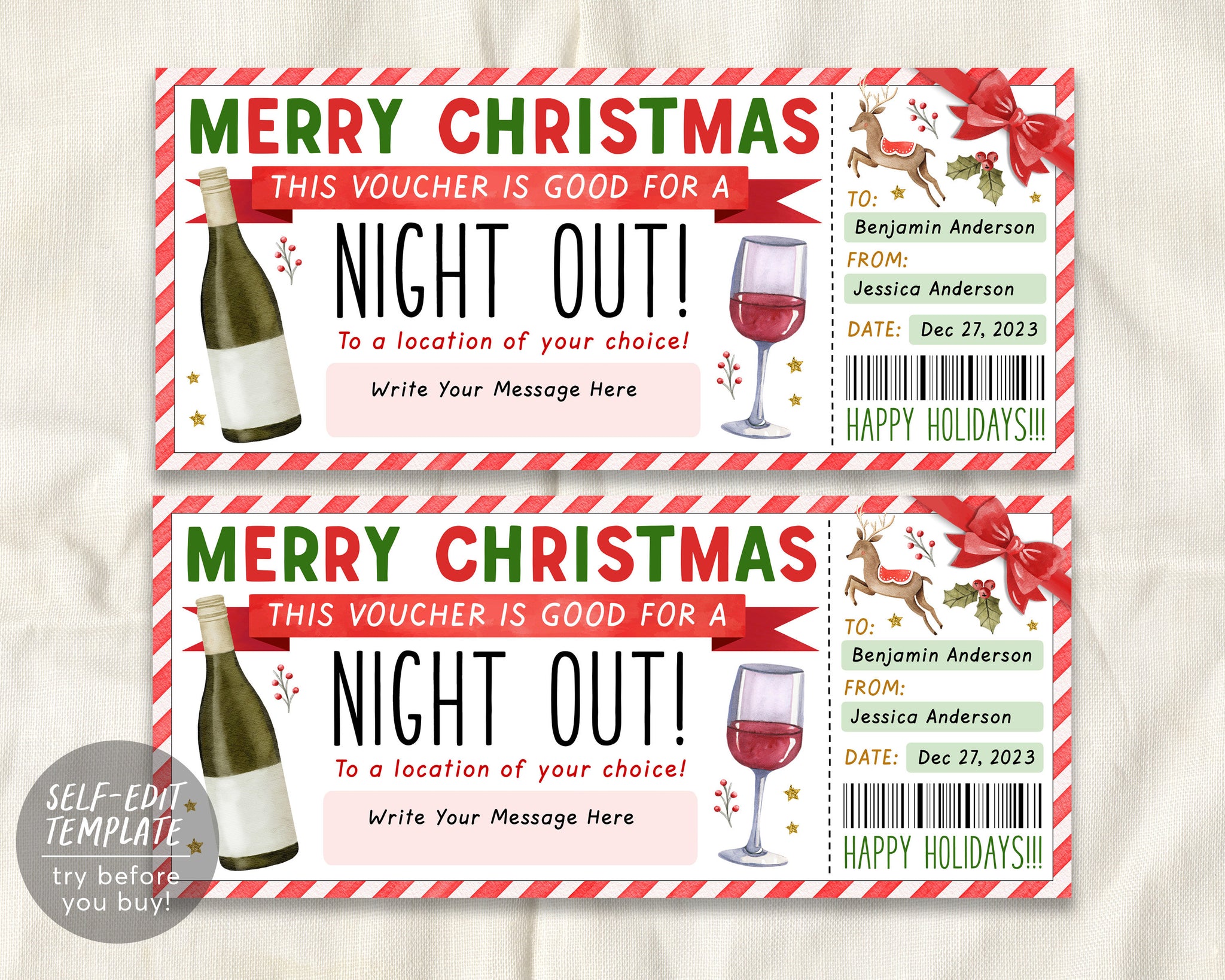 Christmas Night Out Gift Voucher Editable Template, Xmas Holiday Girls ...