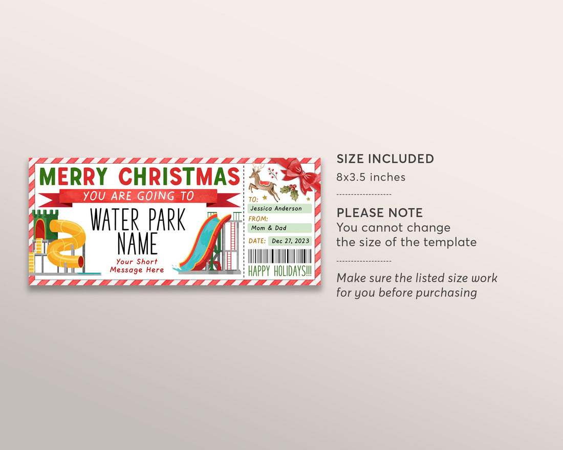 Surprise Water Park Ticket Editable Template, Christmas Holiday Waterp ...