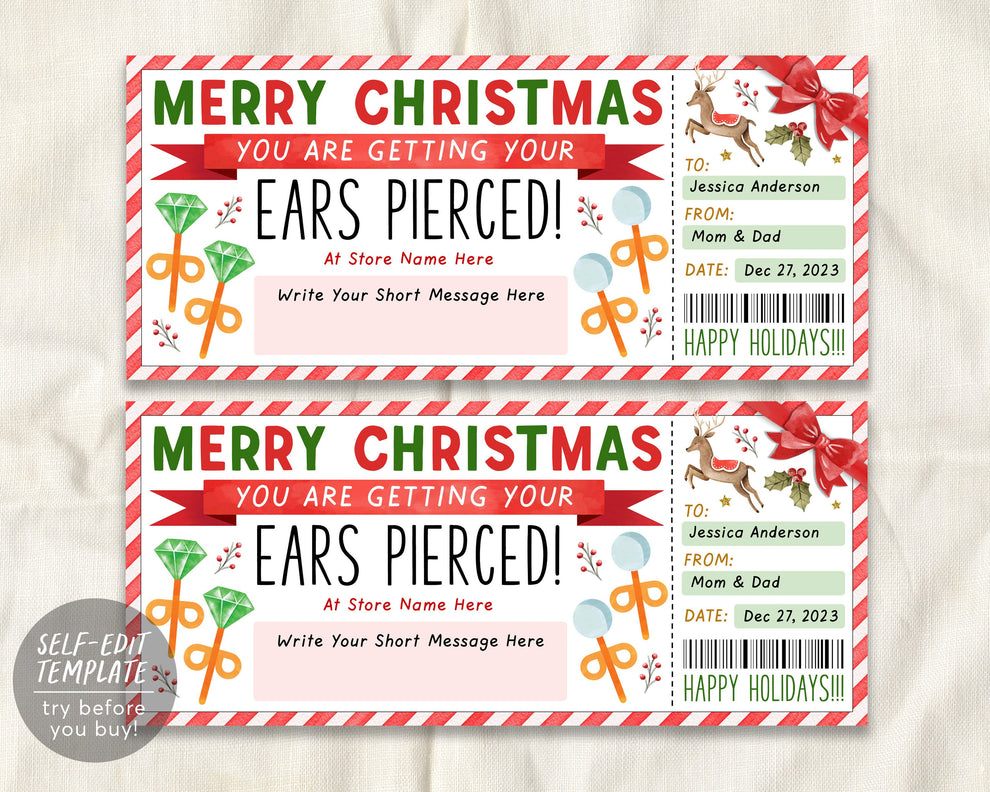 Christmas Ear Piercing Gift Voucher Editable Template, Surprise Gift C ...