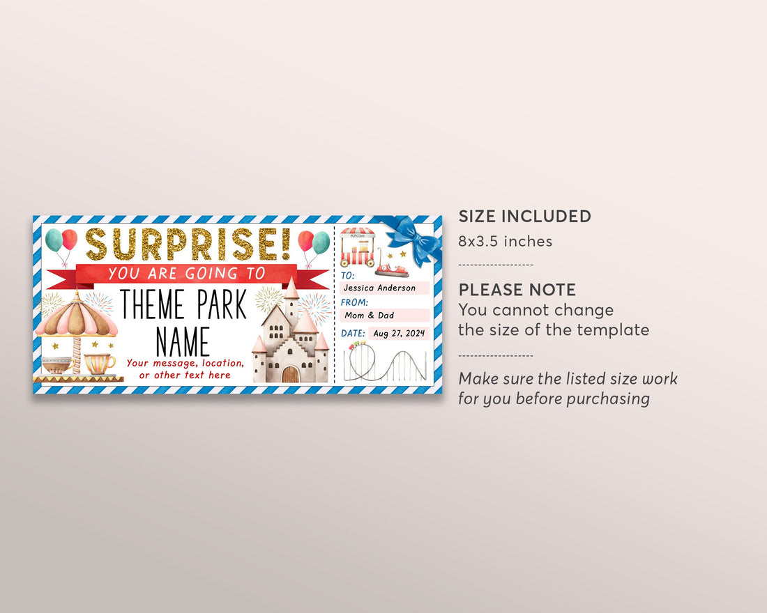 Theme Park Ticket Editable Template, Surprise Amusement Park Gift Vouc ...
