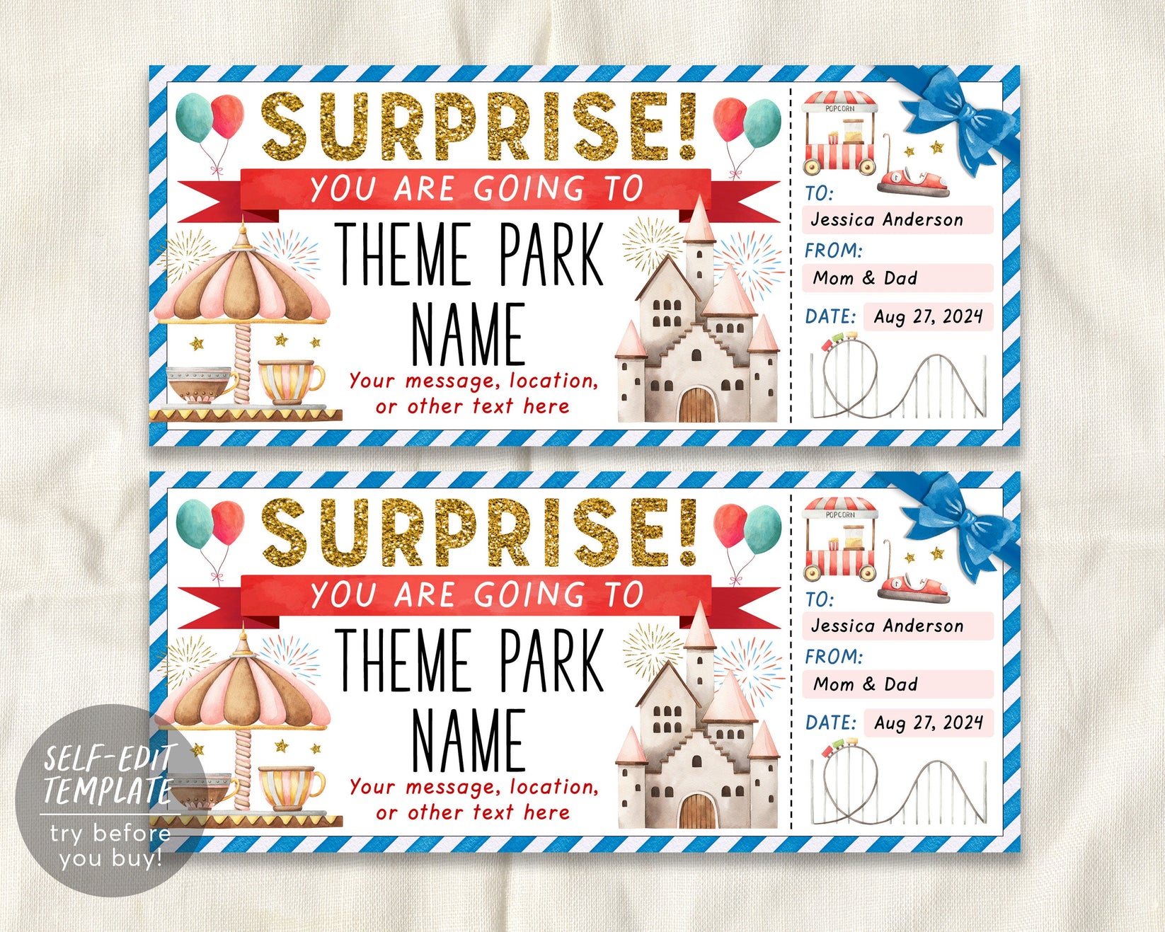 Theme Park Ticket Editable Template, Surprise Amusement Park Gift Vouc ...