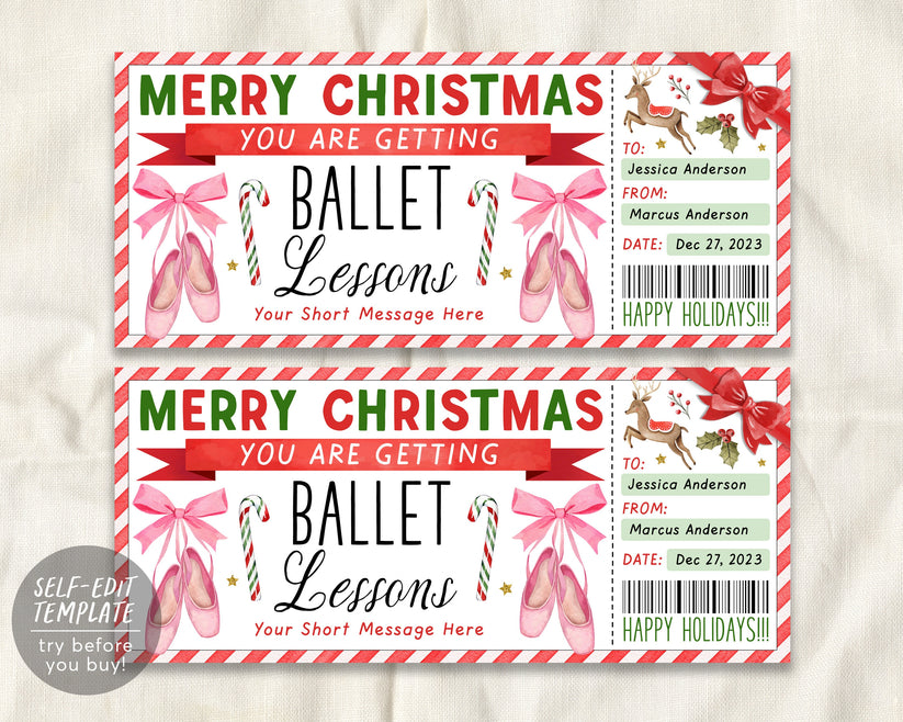 Christmas Ballet Lessons Ticket Editable Template, Surprise Holiday Ba ...