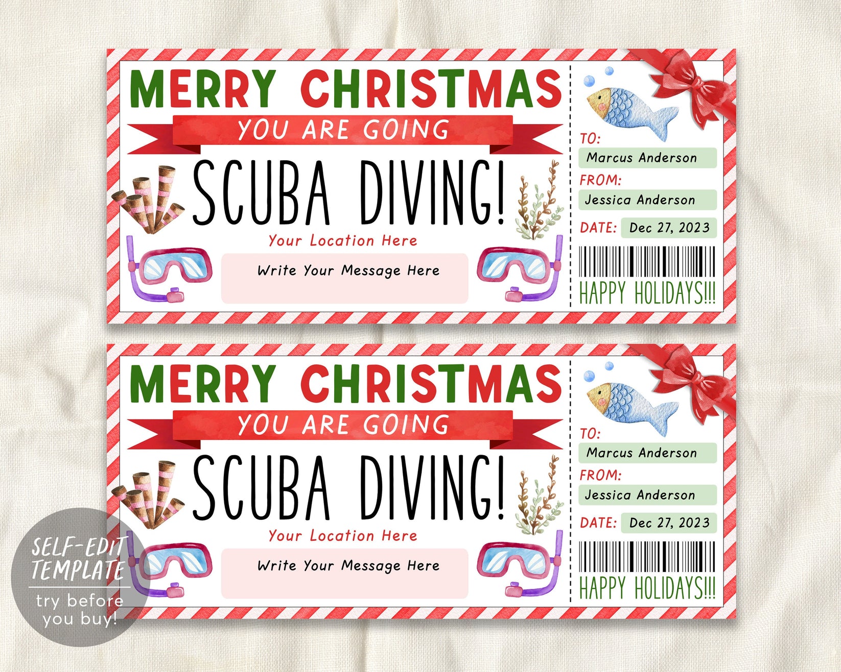 Christmas Scuba Diving Ticket Editable Template, Surprise Snorkeling E ...
