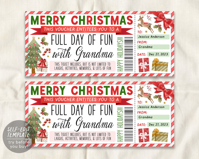 Christmas Fun Day Ticket Editable Template, Surprise Day Of Fun with G ...