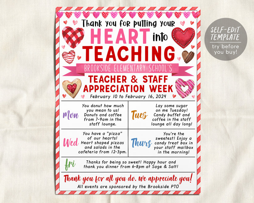 Valentine's Day Teacher Staff Appreciation Week Itinerary Flyer Editab ...