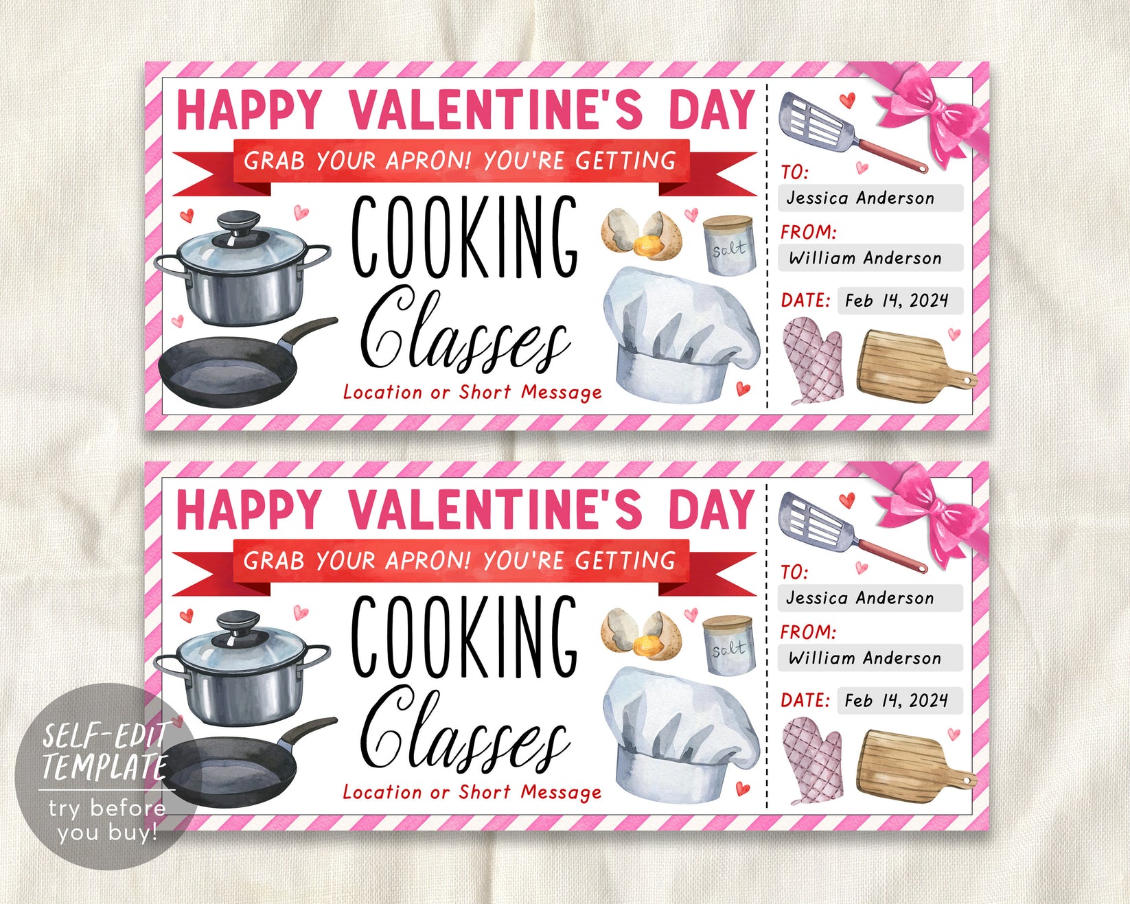 Valentines Day Cooking Classes Gift Certificate Ticket Editable Templa ...
