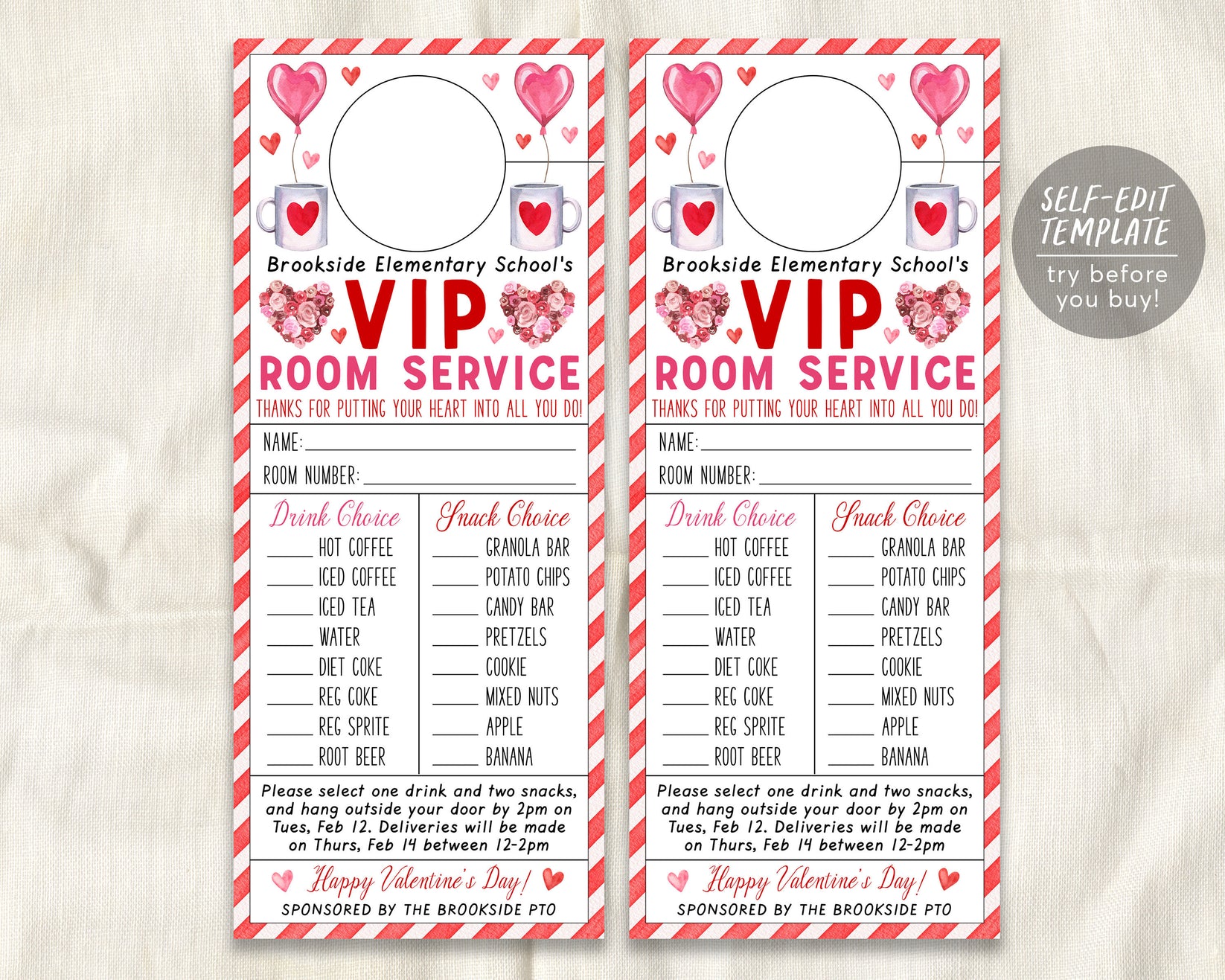 Valentine's Day VIP Room Service Door Hanger Editable Template, Valent ...