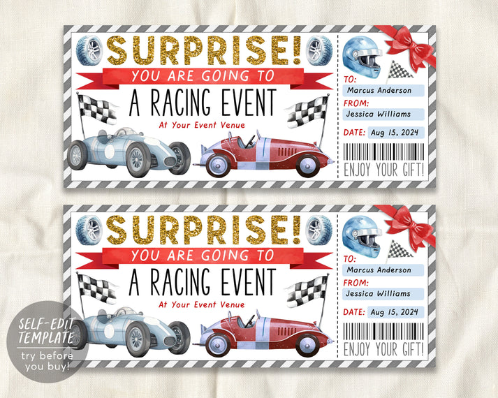 Car Race Ticket Gift Certificate Editable Template, Surprise Car Racin ...