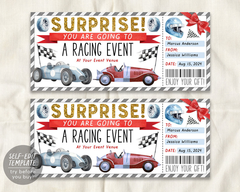 Car Race Ticket Gift Certificate Editable Template, Surprise Car Racin ...