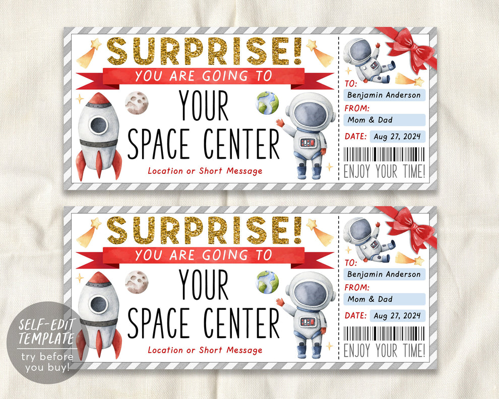 Space Center Surprise Trip Ticket Editable Template, Space Museum Gift ...