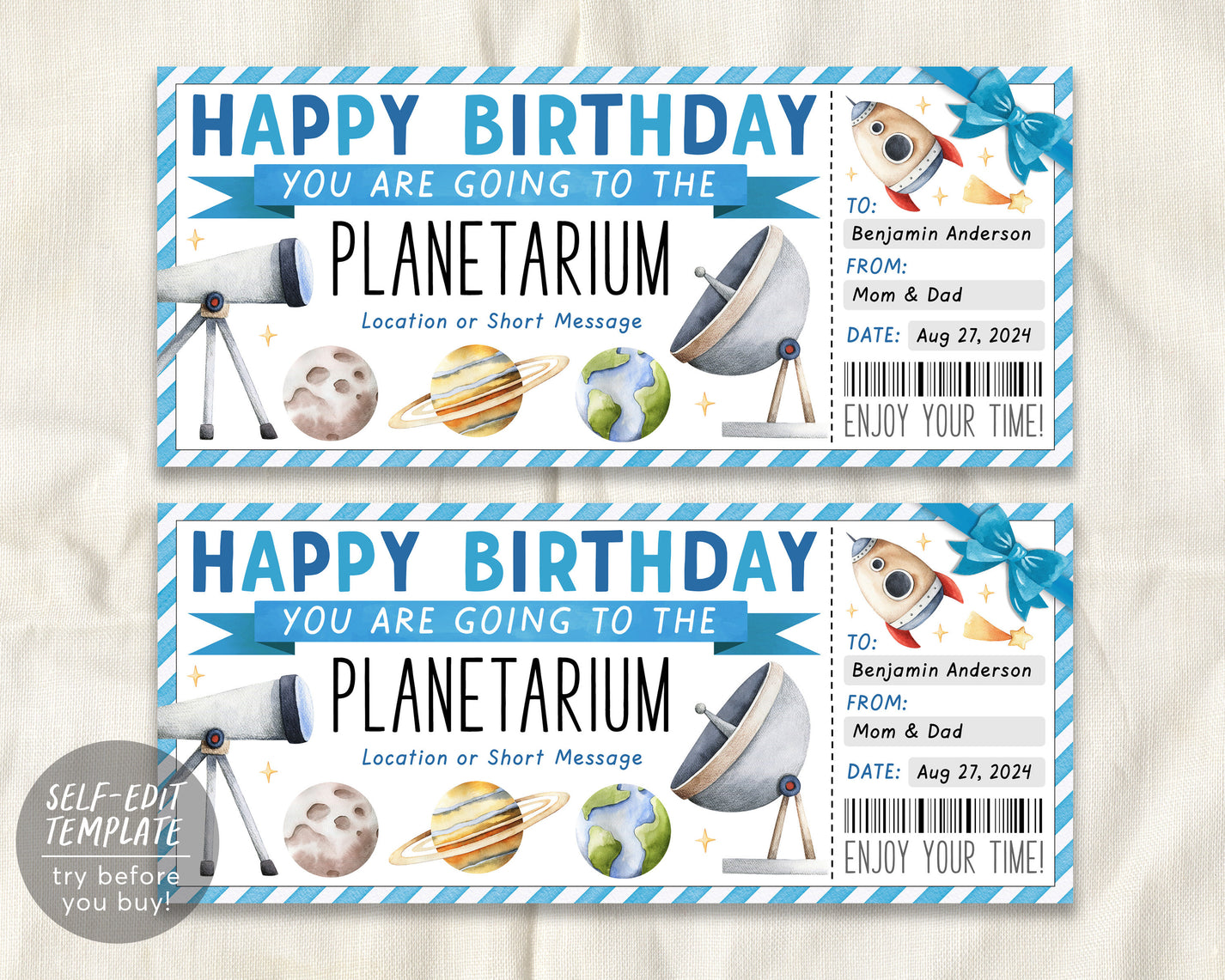 Planetarium Ticket Editable Template, Birthday Surprise Space Museum G ...